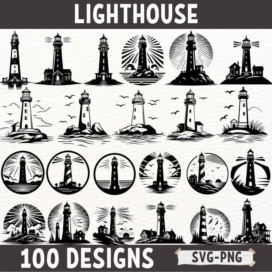Lighthouse SVG Bundle, 100 Nautical Lighthouse Clipart, Vintage Coastal ...