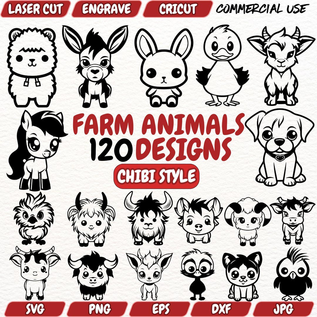 Farm Animal SVG Bundle, 120 Chibi Farm Animal Designs for Laser Cut ...