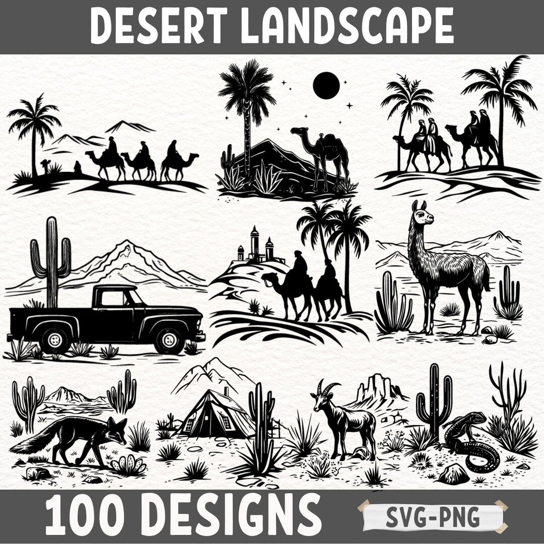 Desert Landscape SVG Bundle | Cactus, Camel, Mountain & Wildlife PNG ...
