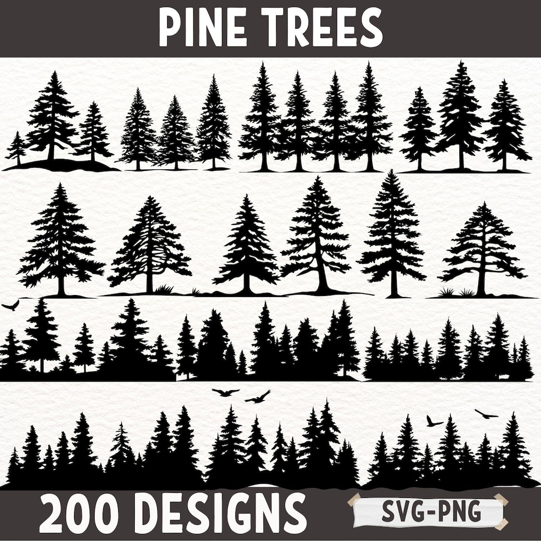 Pine Tree SVG Bundle, 200 Tree Silhouettes, Forest Clipart, Evergreen ...