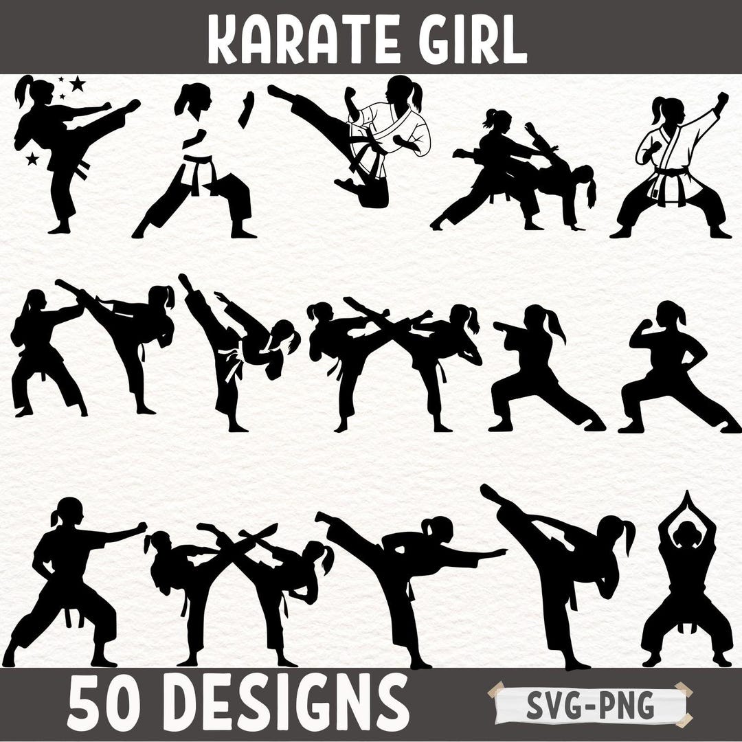 Karate Girl SVG PNG Bundle | 50 Silhouette Martial Arts Clipart Designs ...