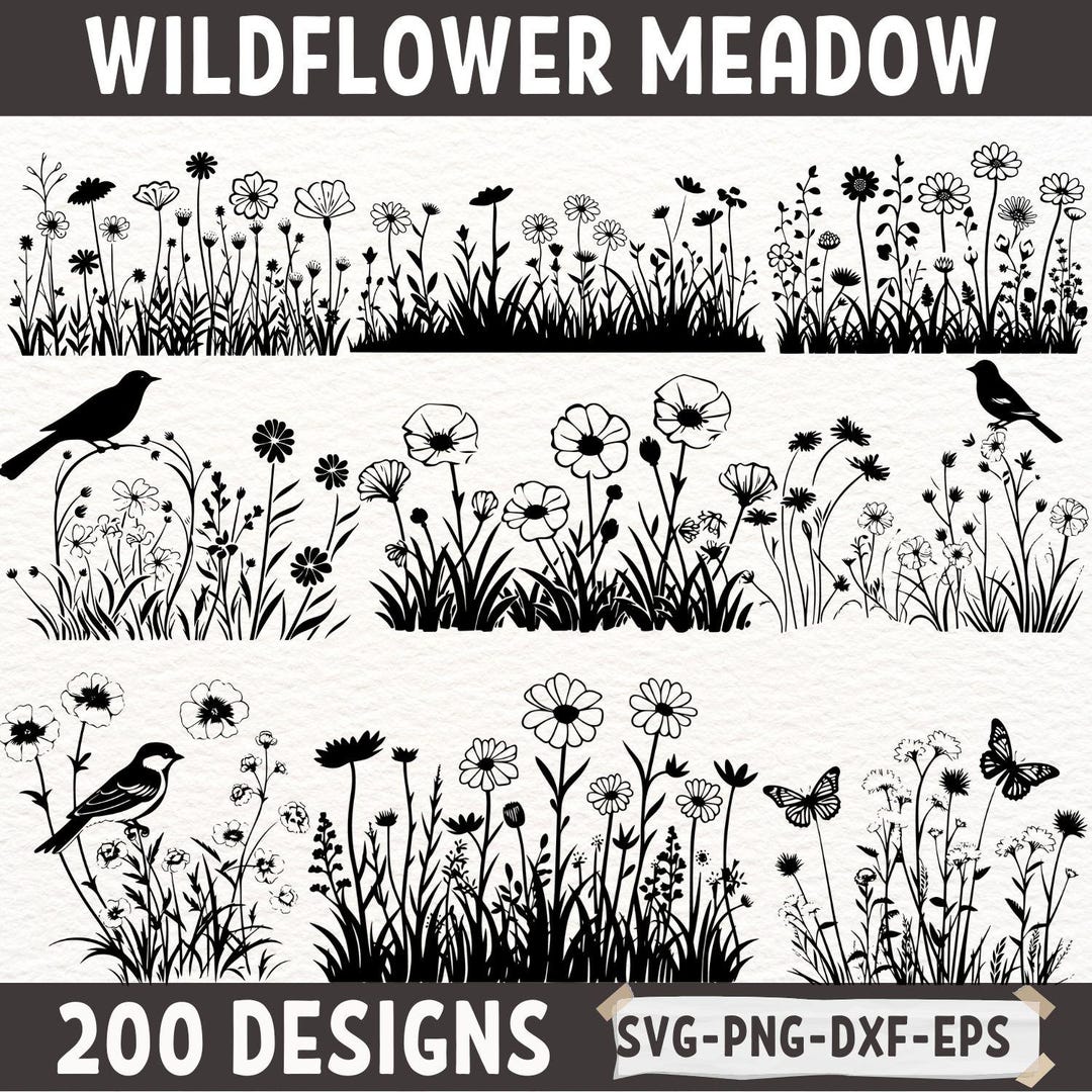 Wildflower Meadow Silhouette Designs | SVG PNG Dxf Eps Bundle for ...