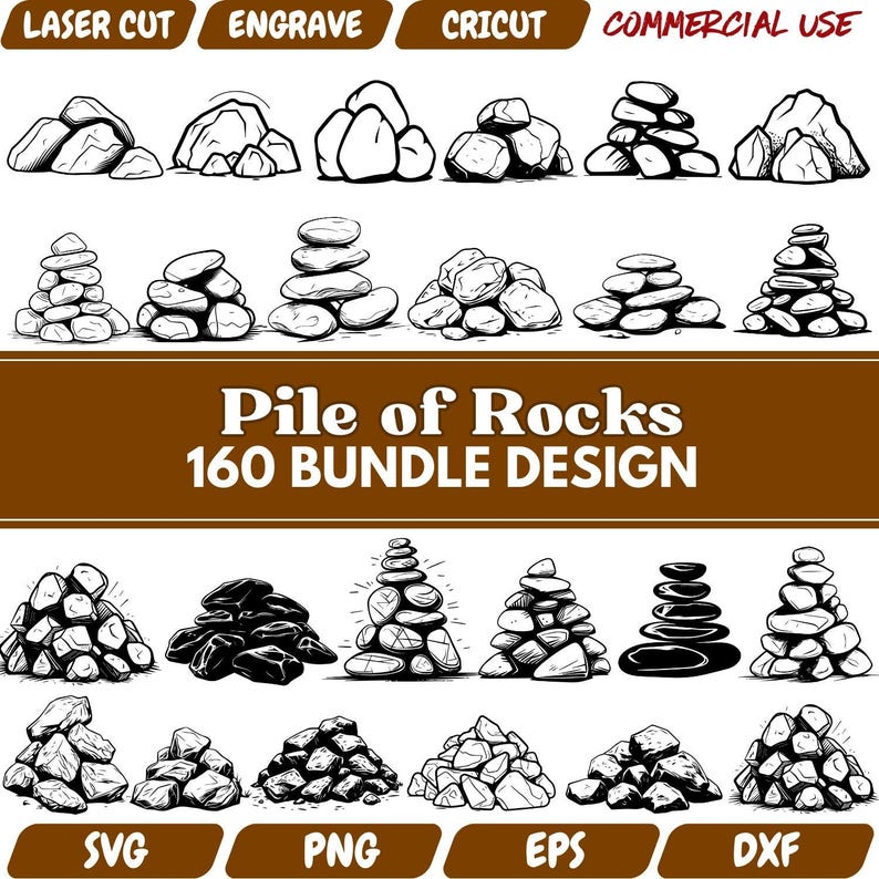 Pile of Rocks Clipart Bundle, 160 Rock Stack PNG SVG DXF Eps, Zen Stone ...