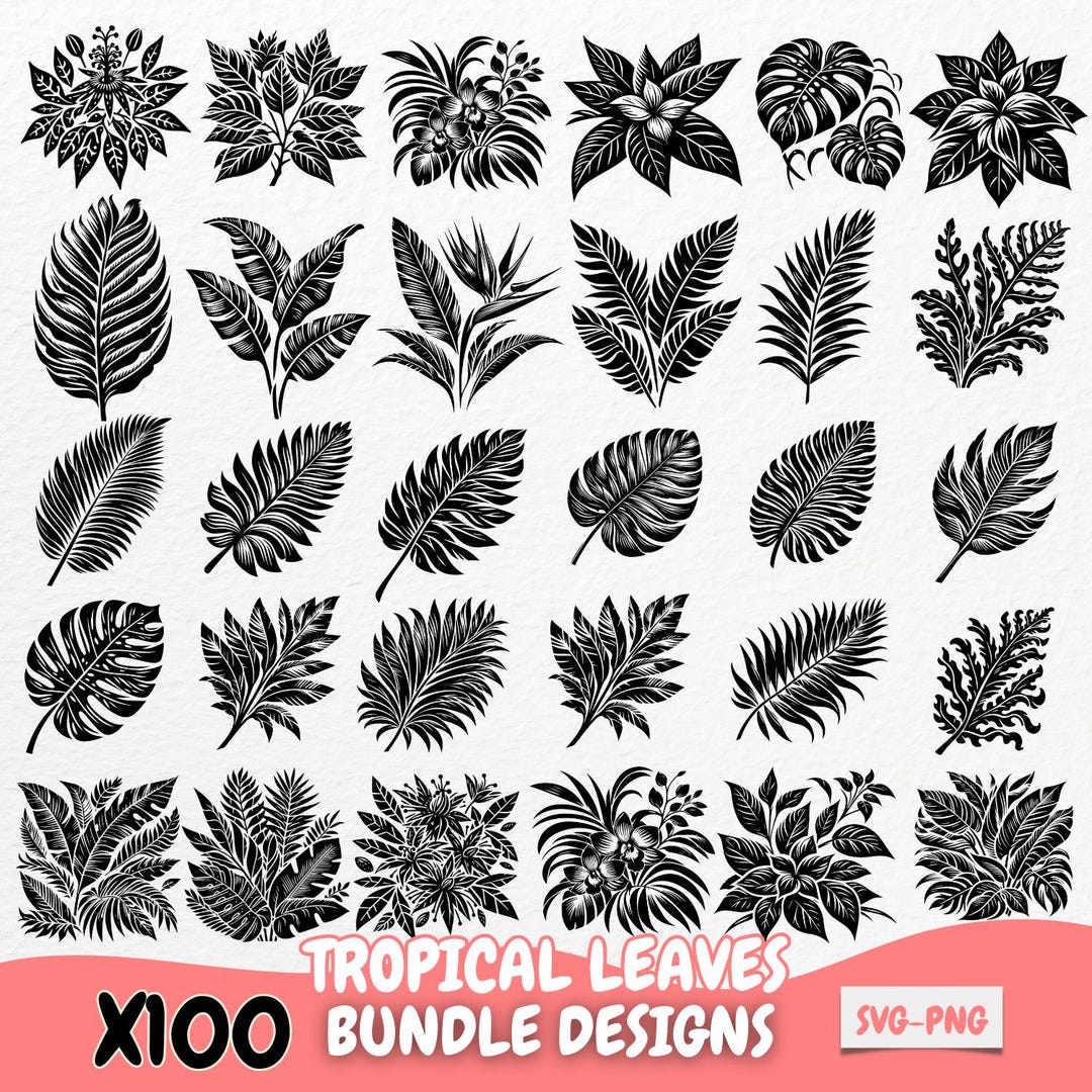 Tropical Leaves Bundle SVG PNG, Palm Leaf Vector Clipart, Jungle Floral ...