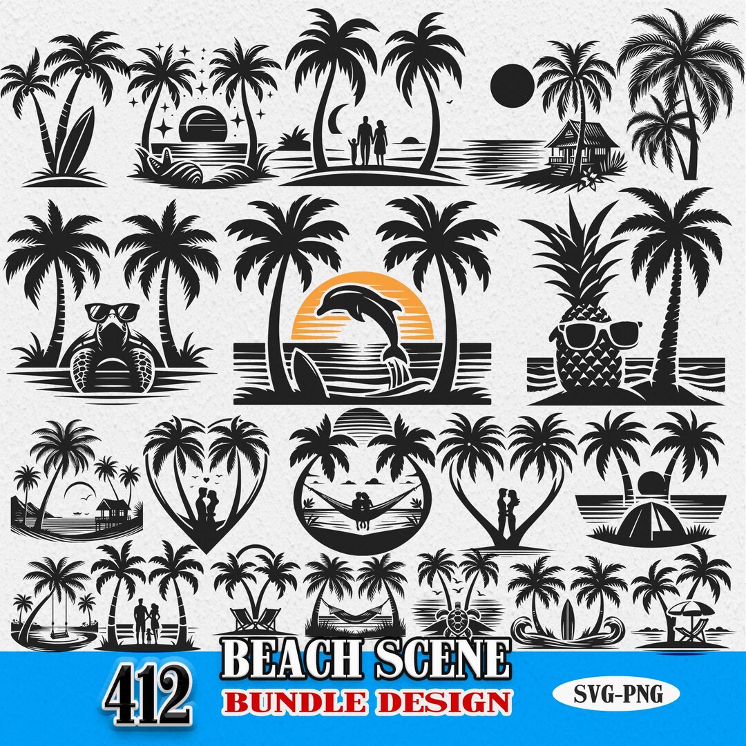 Beach Scene SVG Bundle, Tropical Beach Cut Files, Sunset Palm Trees ...
