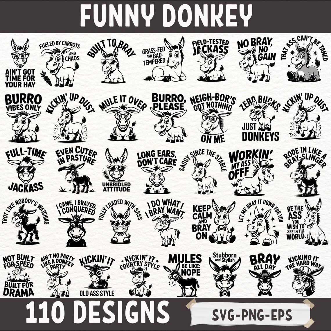 Funny Donkey SVG Bundle With 110 Hilarious Quotes for Cricut and ...