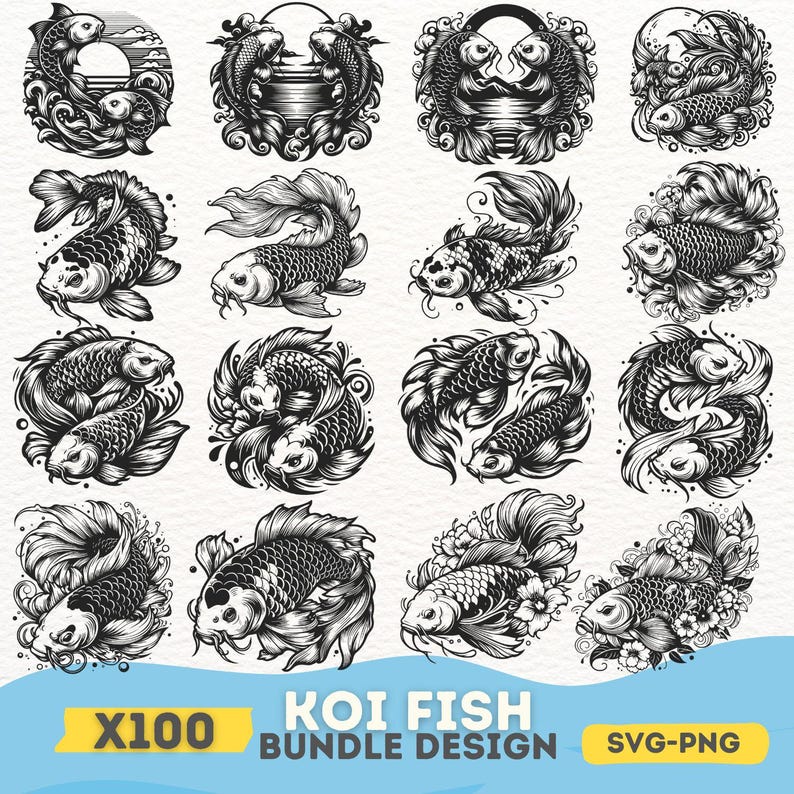 Koi Fish SVG PNG Bundle | Japanese Koi Clipart | Intricate Fish Vector ...