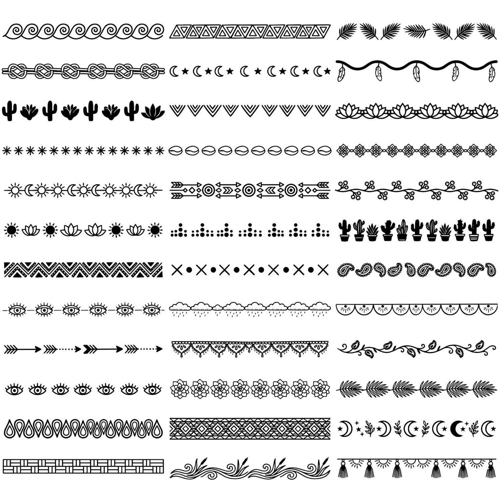 Boho Borders Bundle SVG PNG EPS, 200 Decorative Dividers Set, Tribal ...