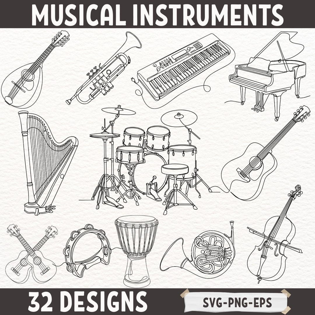 Musical Instruments SVG Bundle 32 Designs, Line Art Music Clipart ...