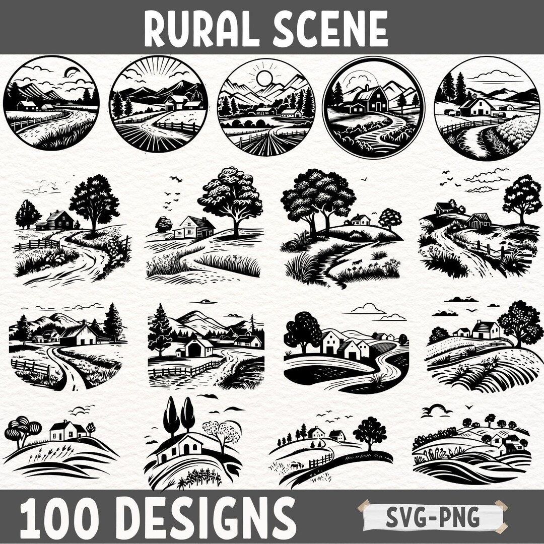 Rural Scene SVG PNG Designs - Farm Landscape Clipart Bundle, Country ...