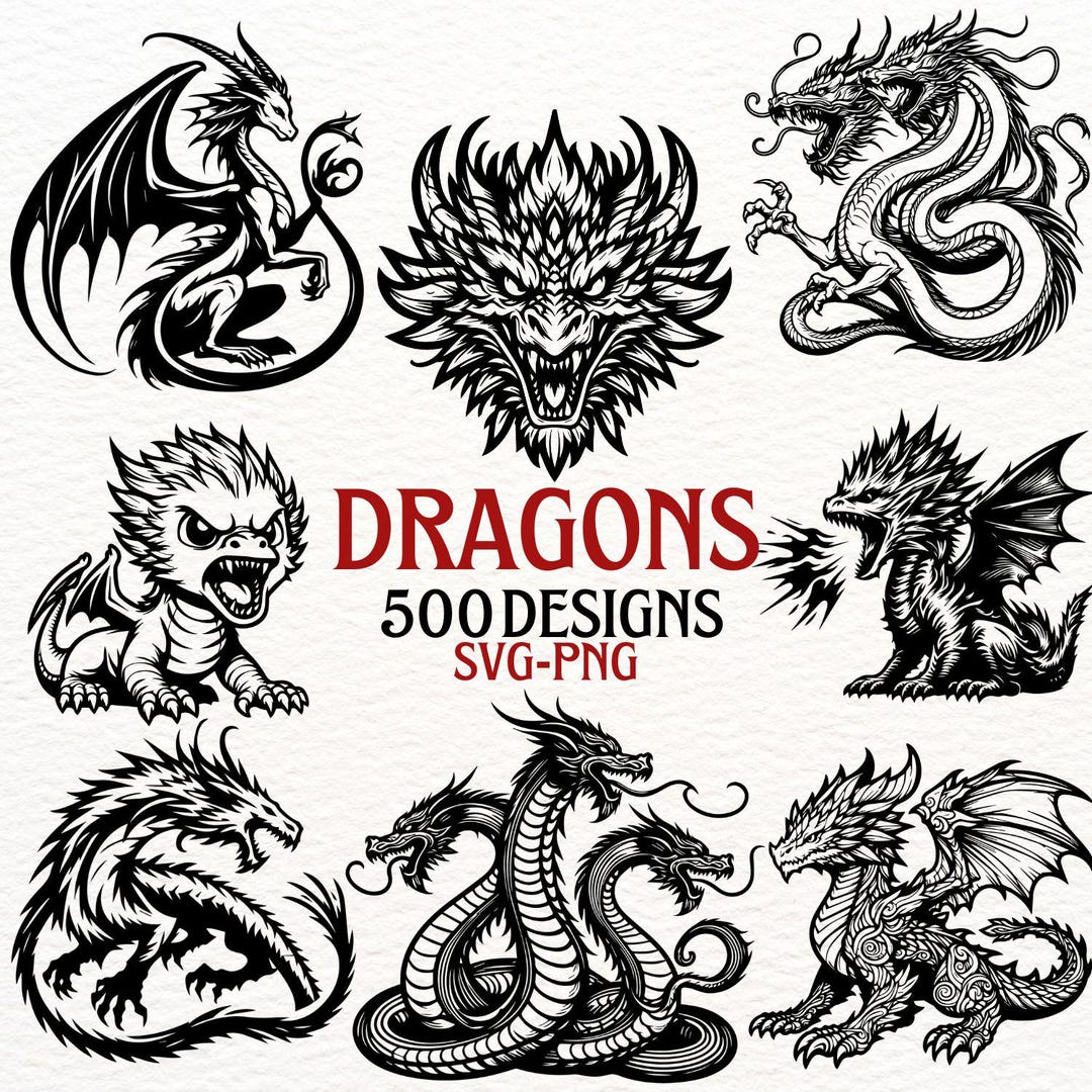 Dragon SVG PNG Bundle, Intricate Dragon Clipart, Mythical Beast Digital ...