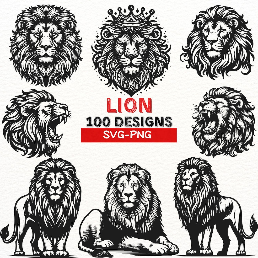 Lion SVG Bundle | 100 Unique Lion Designs | Roaring Lion PNG Clipart ...