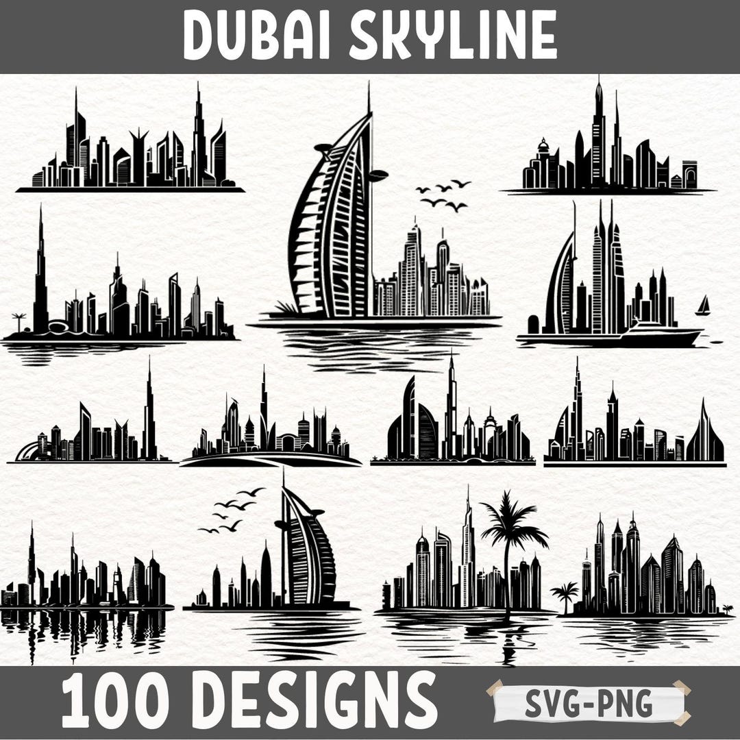 Dubai Skyline SVG Bundle, 100 Modern Dubai Cityscape Clipart, Burj ...
