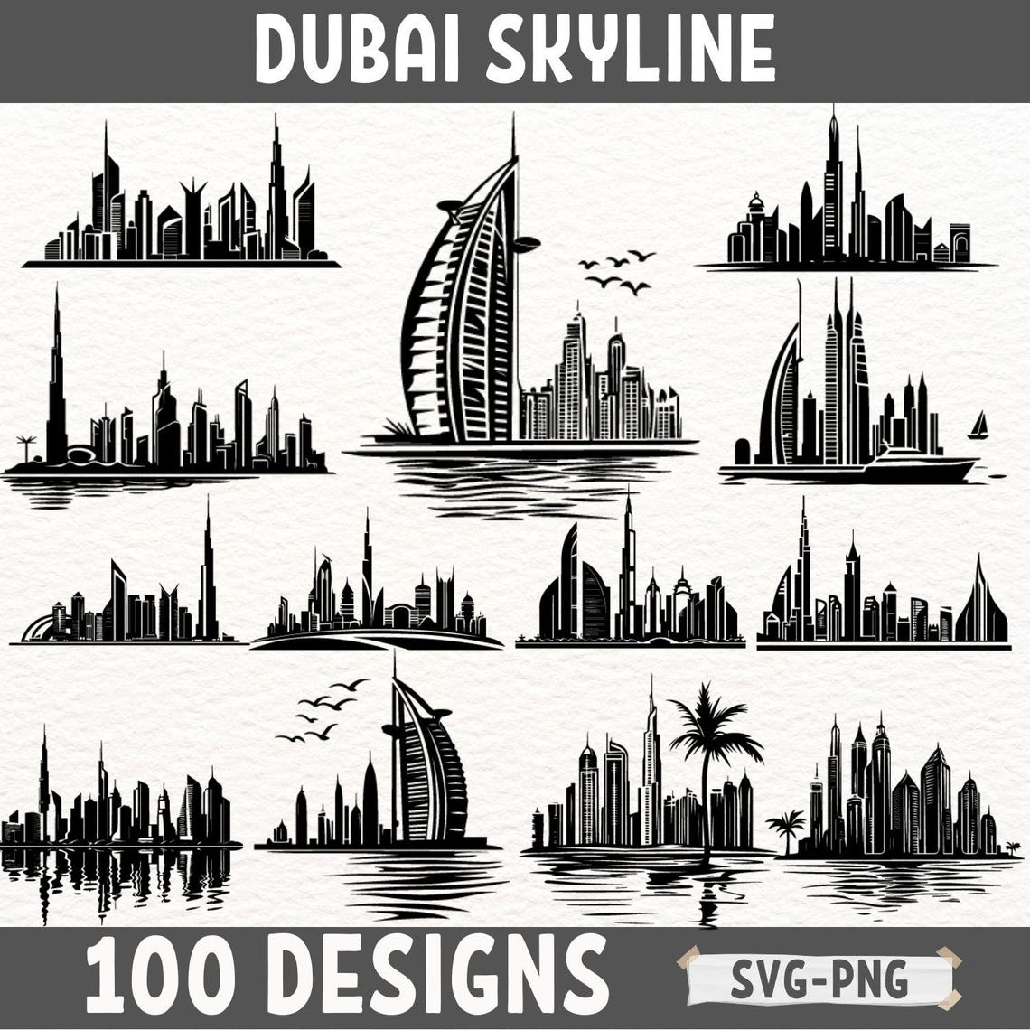 Dubai Skyline SVG Bundle, 100 Modern Dubai Cityscape Clipart, Burj ...