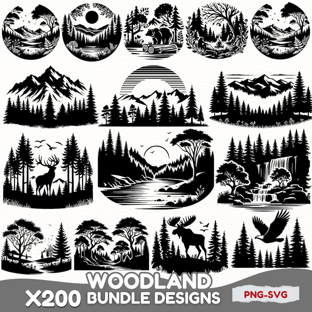 Woodland Bundle SVG PNG Designs | 200 Forest Wildlife Silhouette Files ...