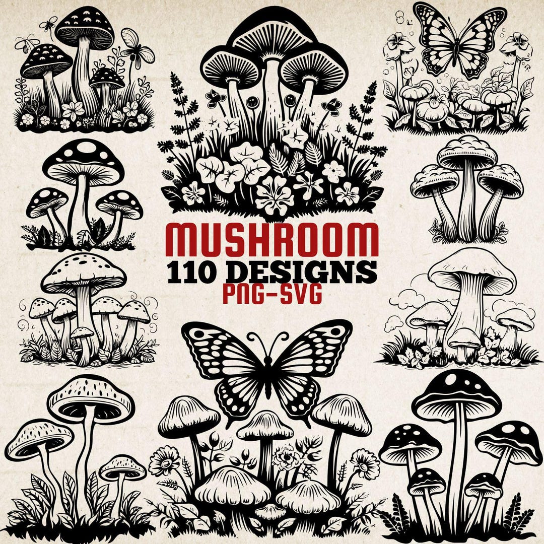 Mushroom Row PNG SVG Bundle, 110 Designs, Botanical Clipart, Nature ...