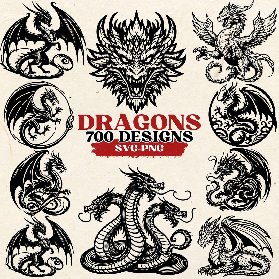Dragon SVG Bundle, 700 Dragon Clipart Designs, Fantasy Dragon PNG ...