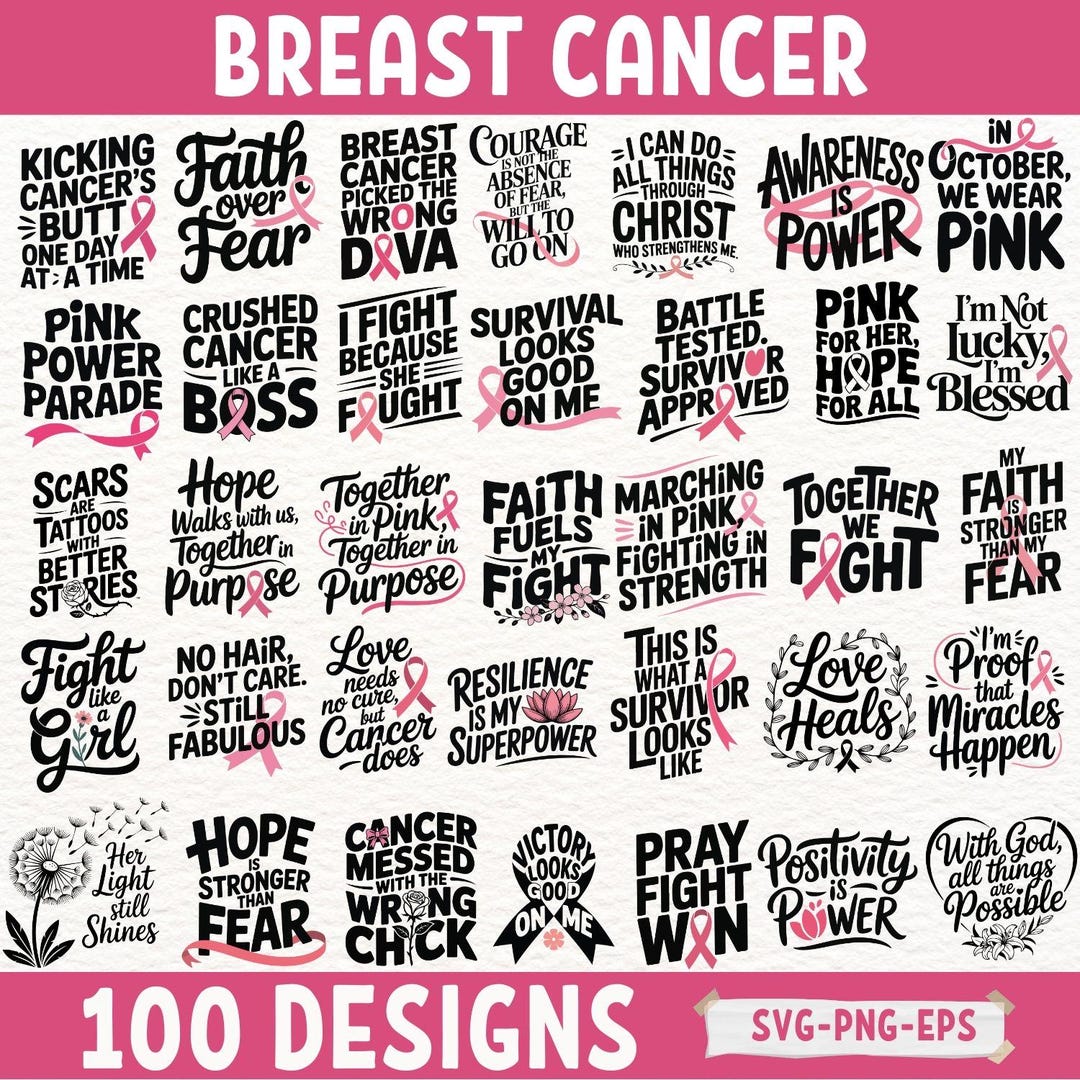 Breast Cancer Awareness SVG Bundle, Inspirational Pink Ribbon Quotes ...
