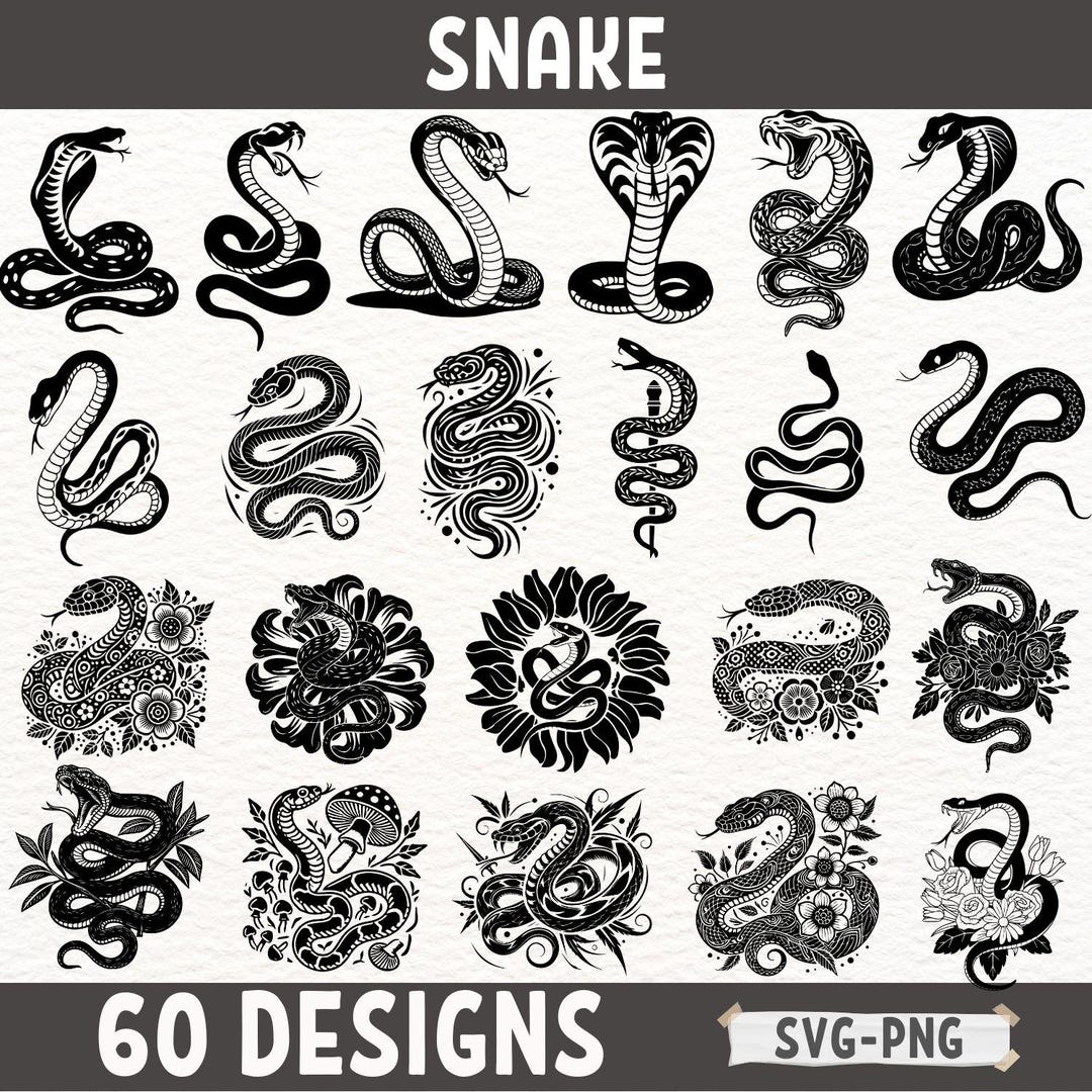 60 Snake SVG Designs, Snake Clipart Bundle, Tribal Snake Illustrations ...