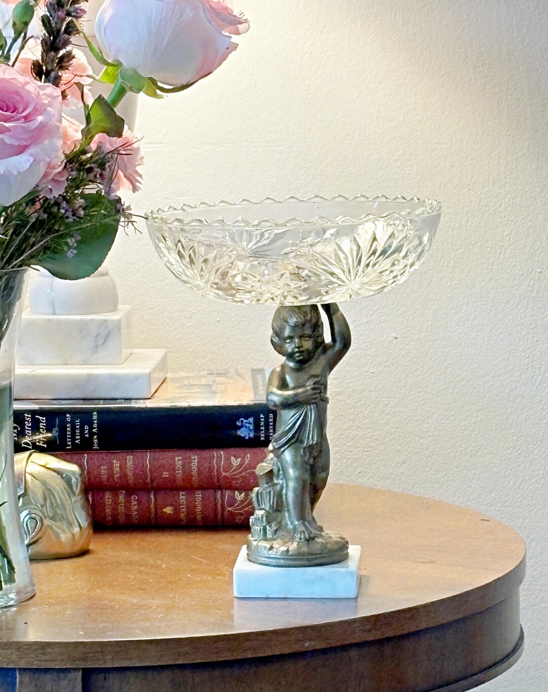 Gold Tone Cherub Glass Compote Bowl on Marble Base Candy Dish ...