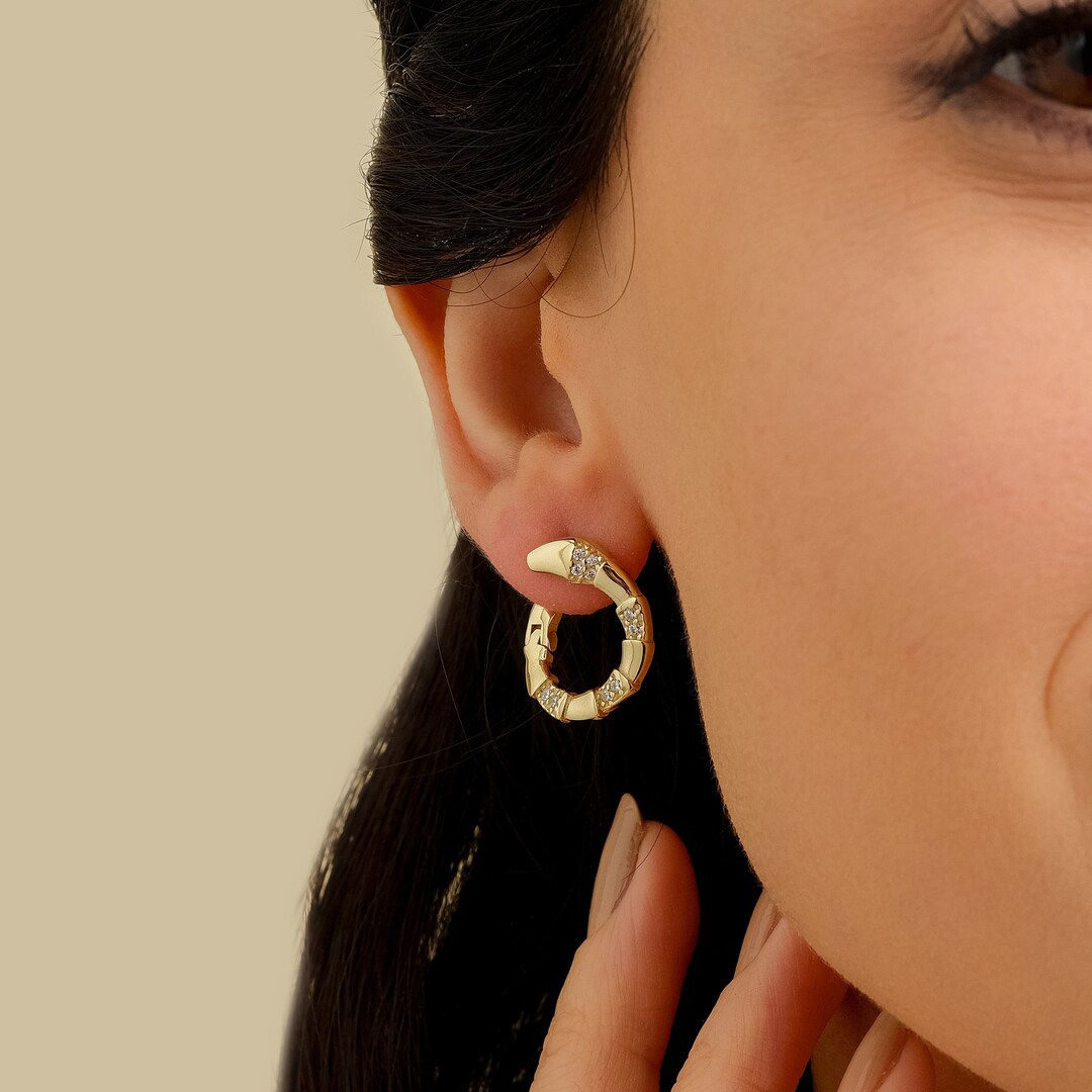 14K Gold Snake Hoop Earrings With Sparkling Zircon Stones, Serpent Hoop ...