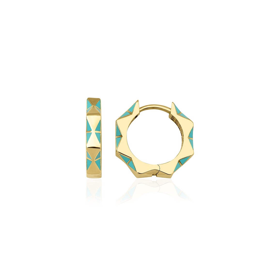14K Gold Enamel Sharp-edged Hoop Earrings, Unique 14K Gold Geometric ...