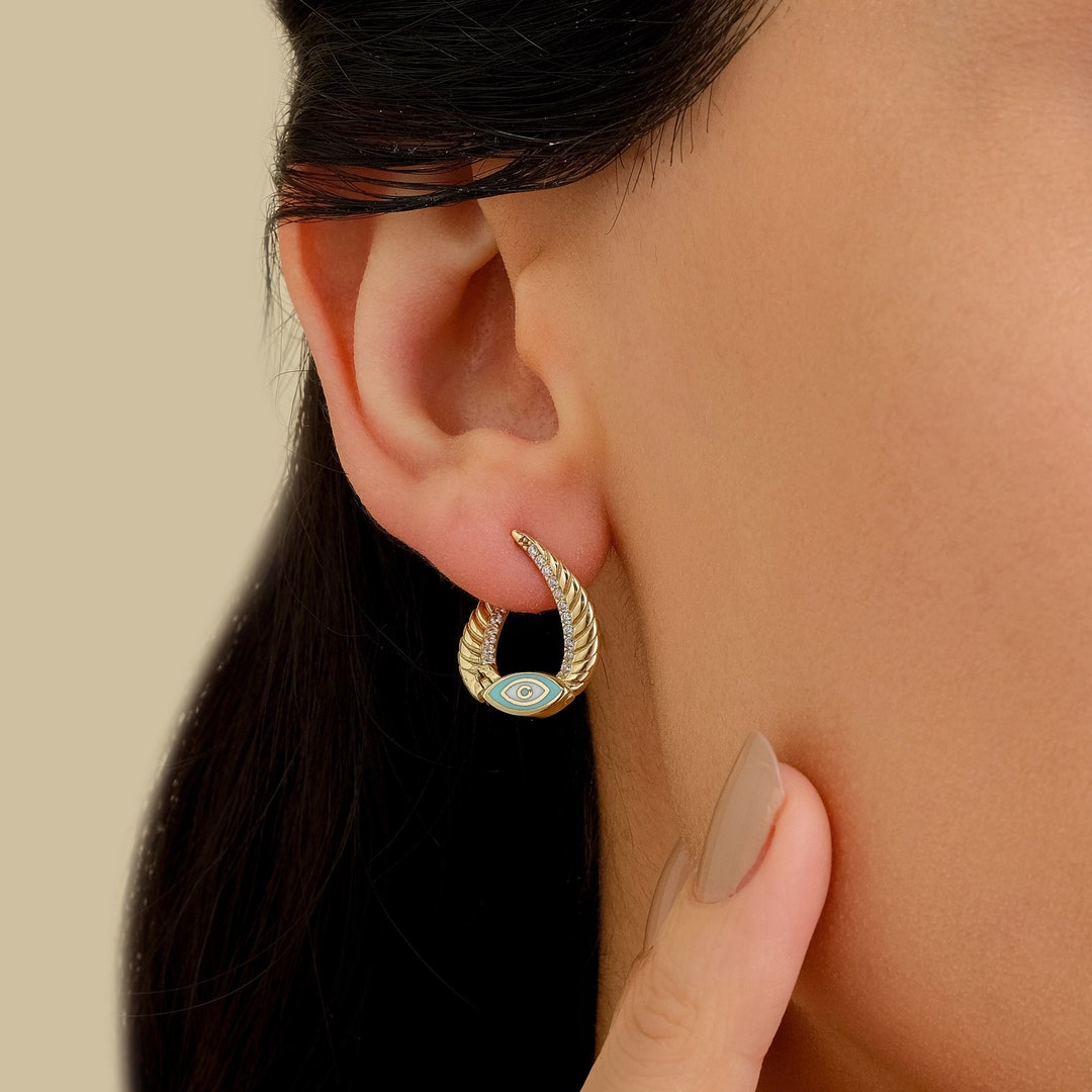 Eye Earring in 14K Solid Gold, Blue Eye Earring, Eye Shaped Earrings ...