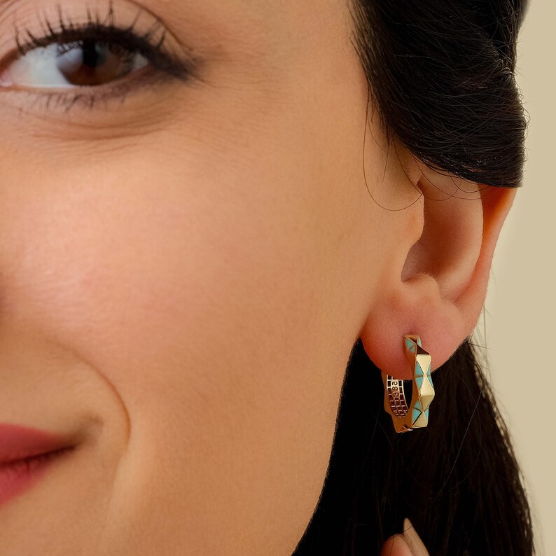 14K Gold Enamel Sharp-edged Hoop Earrings, Unique 14K Gold Geometric ...