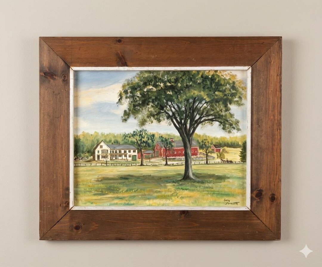 Vintage 1973 Folk Art Landscape Painting "shaker Farm" Signed Sandy ...