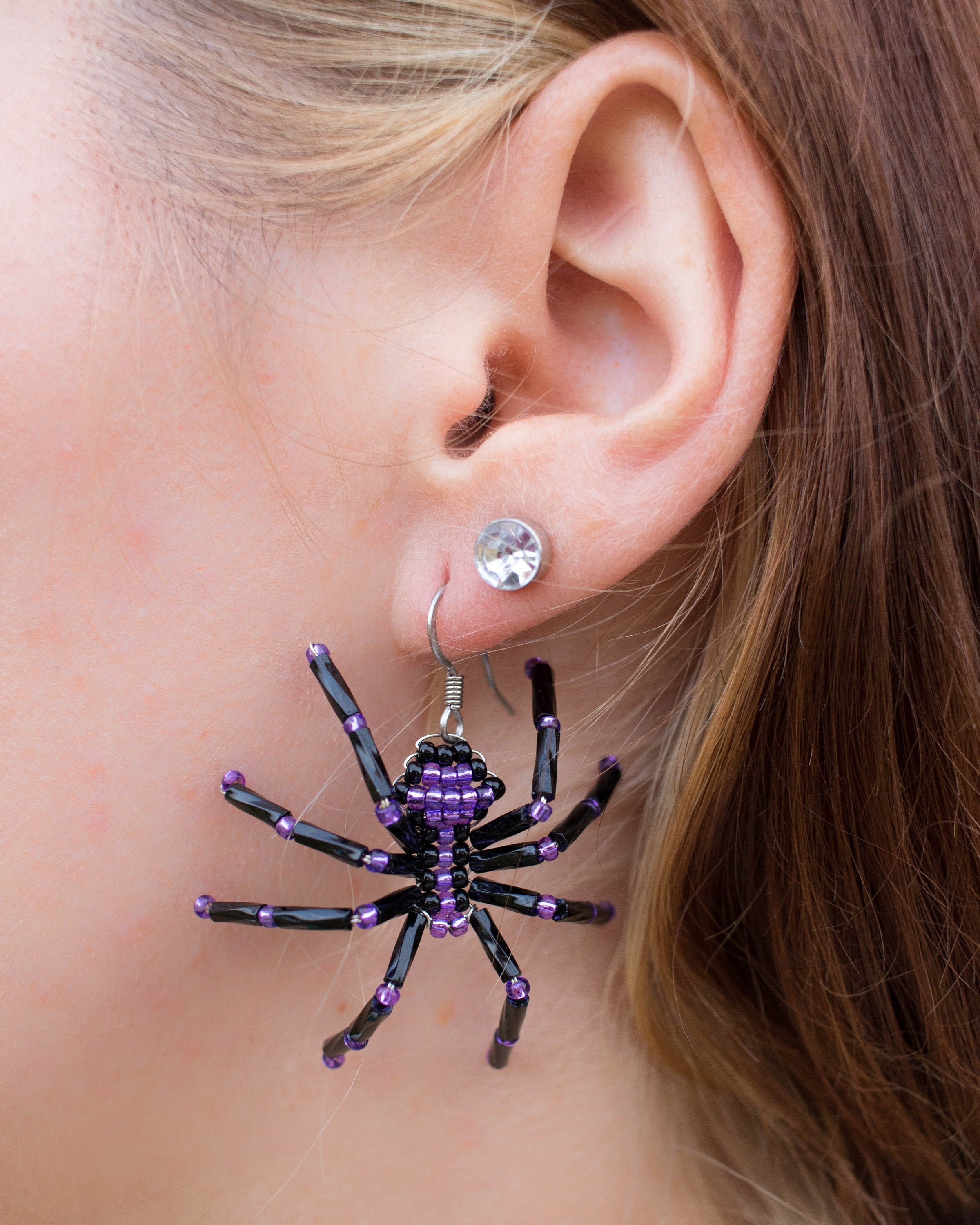 Spider Earrings Black Purple Creepy Spider Costume Accessory Beaded Spider Jewelry Etsy