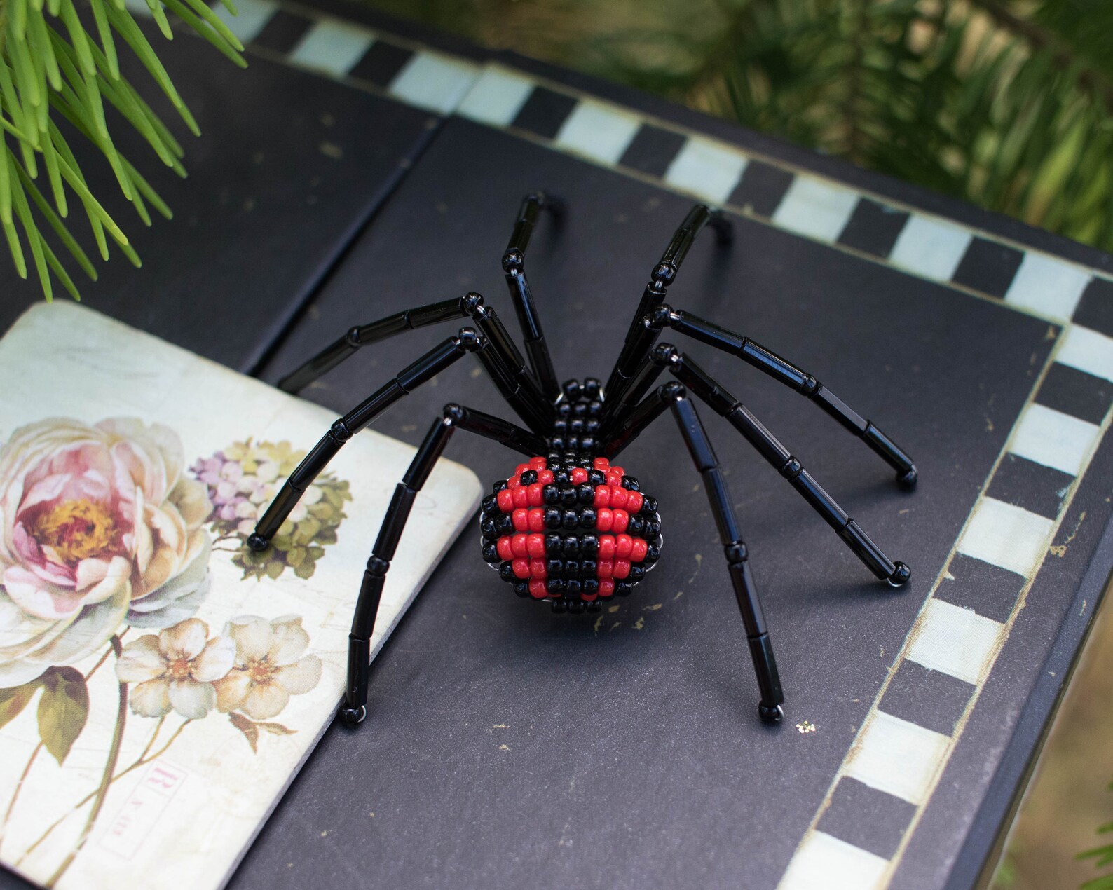 Black & Red Garden Spider | Creepy Beaded Ornament | Nature Garden ...
