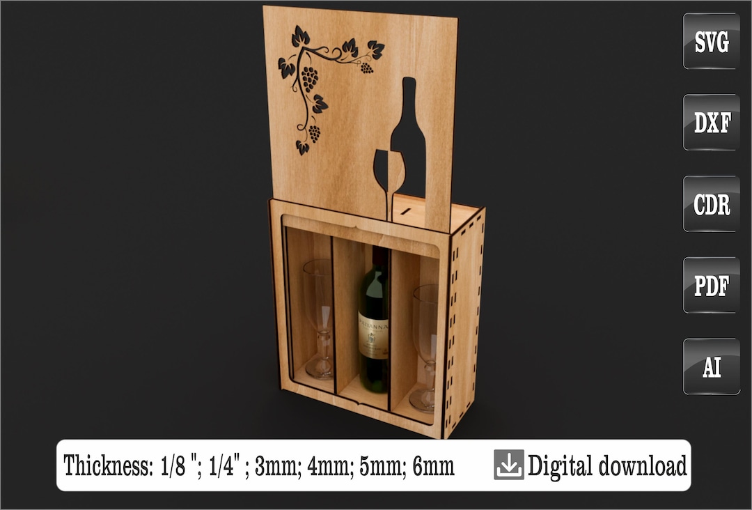 Wine Bottle Box | Wine and Glasses Box - Laser Cut Files - Wine Box SVG ...