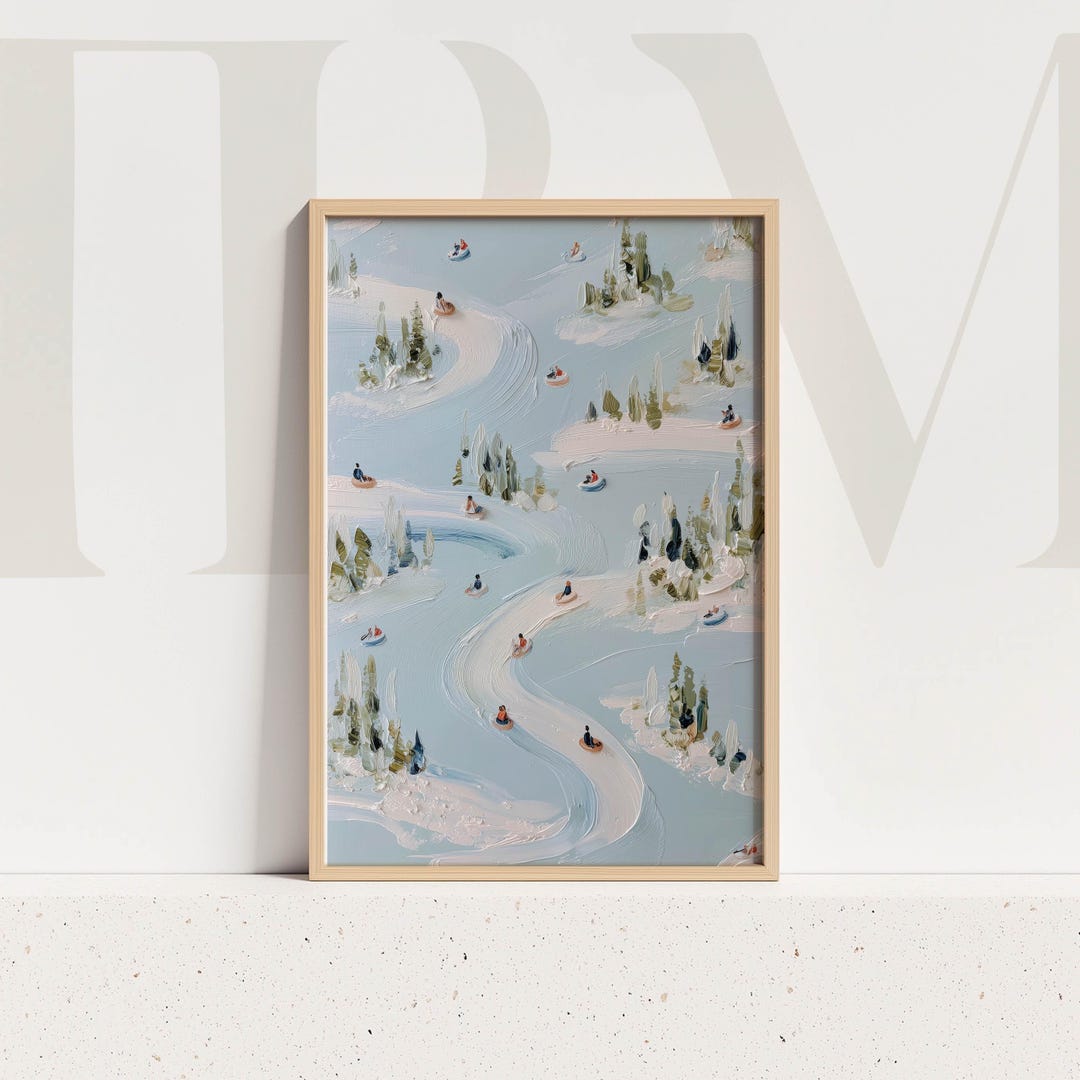 Snow Tubing Art Print, Winter Landscape Painting, Ski Hill Decor, Snow ...