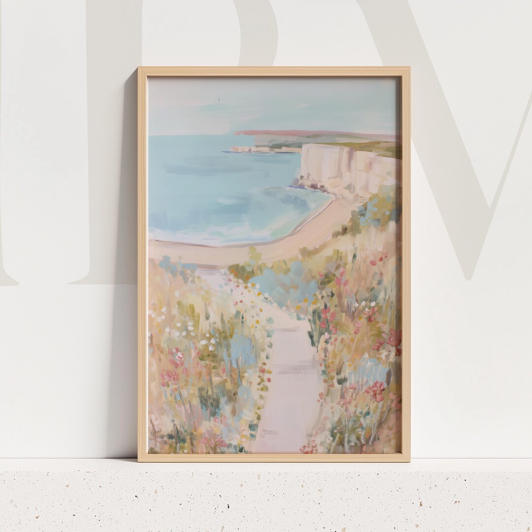 Pastel Coastal Cliff Path Landscape Painting Soft Seaside Meadow Ocean ...