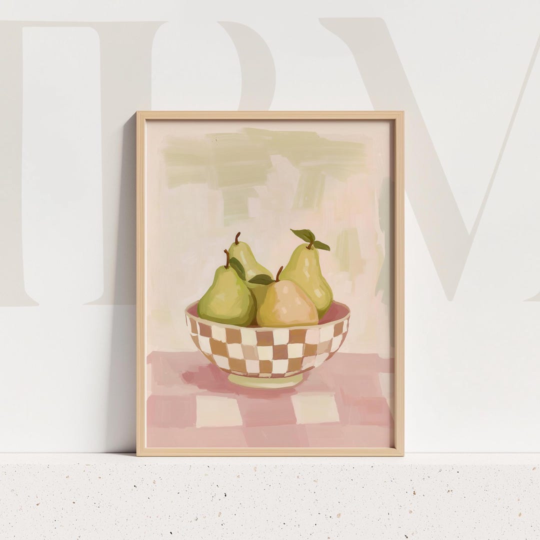 Pastel Pear Art Print – Vintage Fruit Bowl Wall Art, Pink Checkered ...