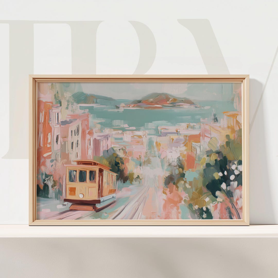 Pastel San Francisco City Painting Cable Car Coastal Landscape Wall Art ...
