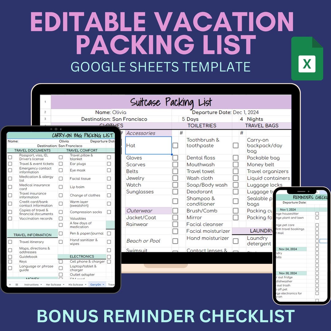 Travel Planner Holiday Packing List Template Spreadsheet Vacation ...