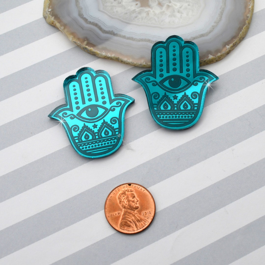 HAMSA HAND CABS Teal Mirror Laser Cut Acrylic Cabs Set of 2 Flatback ...