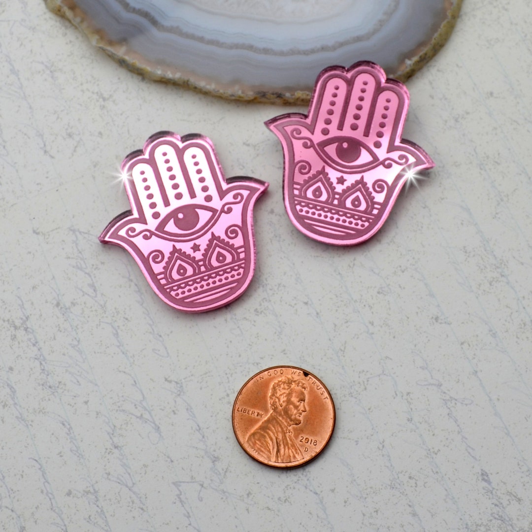 HAMSA HAND CABS Pink Mirror Laser Cut Acrylic Cabs Set of 2 Flatback ...