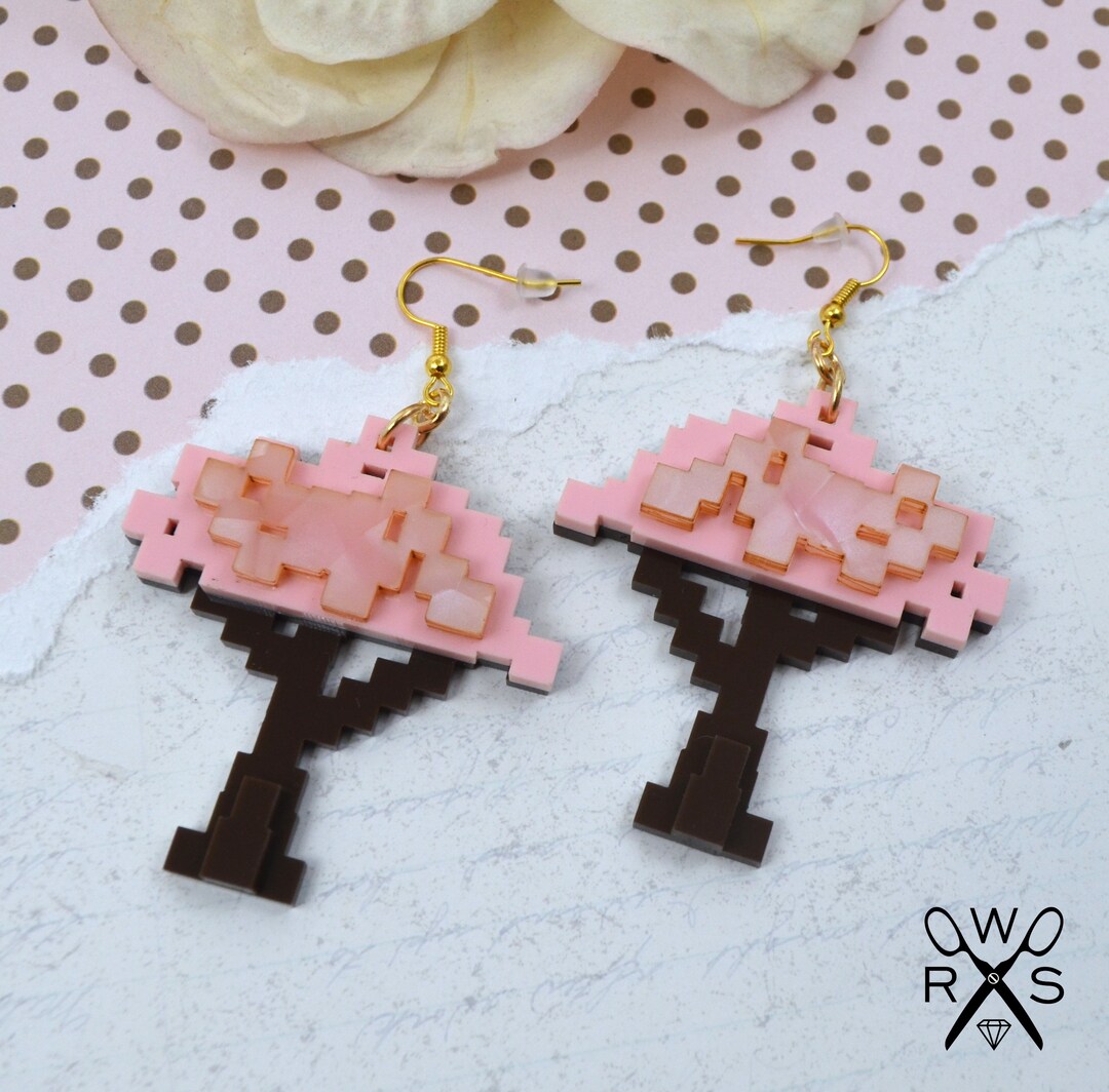 Pixelated Cherry Blossom Tree Dangles Laser Cut Acrylic Earrings - Etsy
