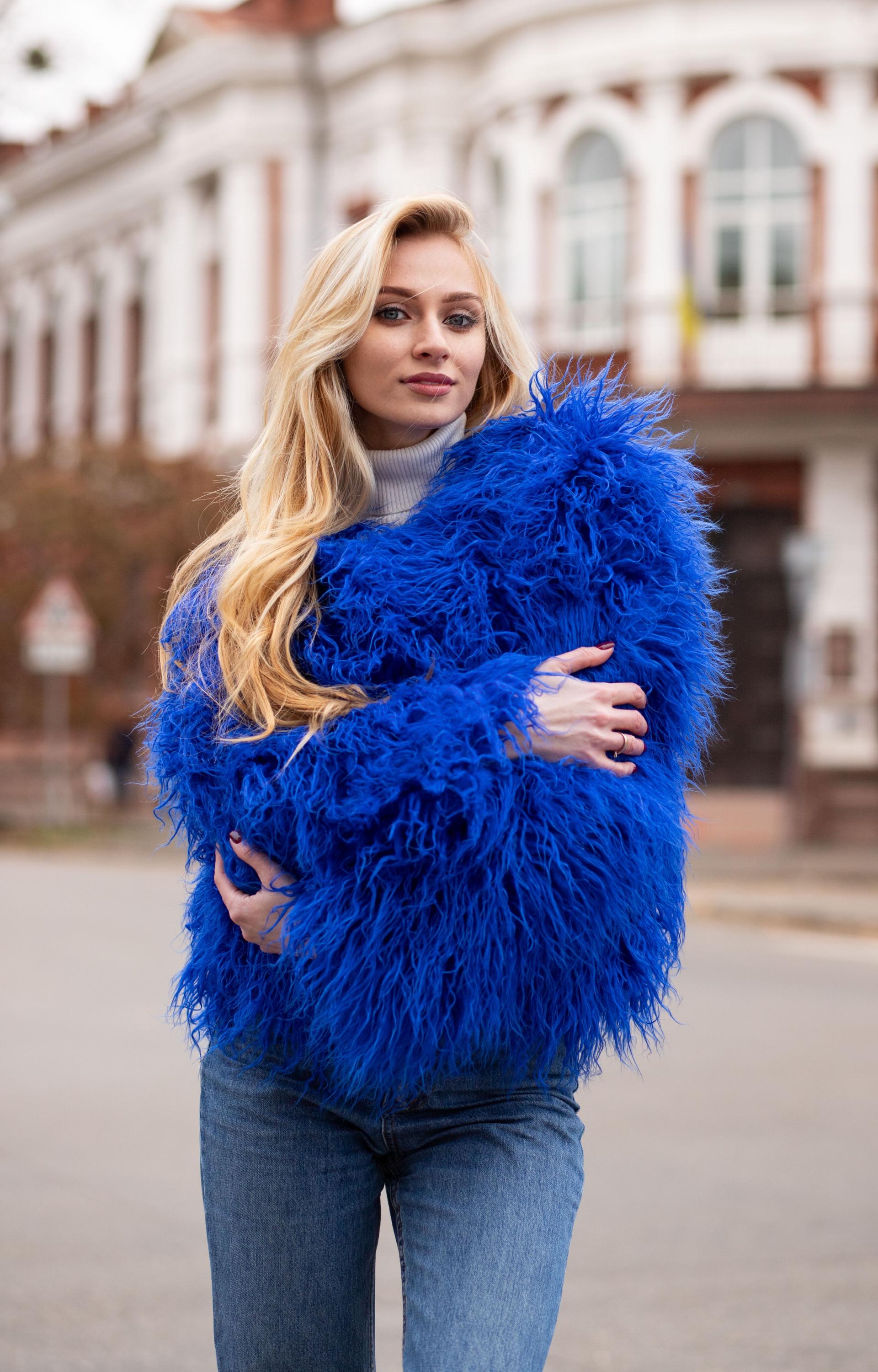 Blue Faux Fur | Mongolian Fur Coat for Christmas | Blue Feather Jacket ...