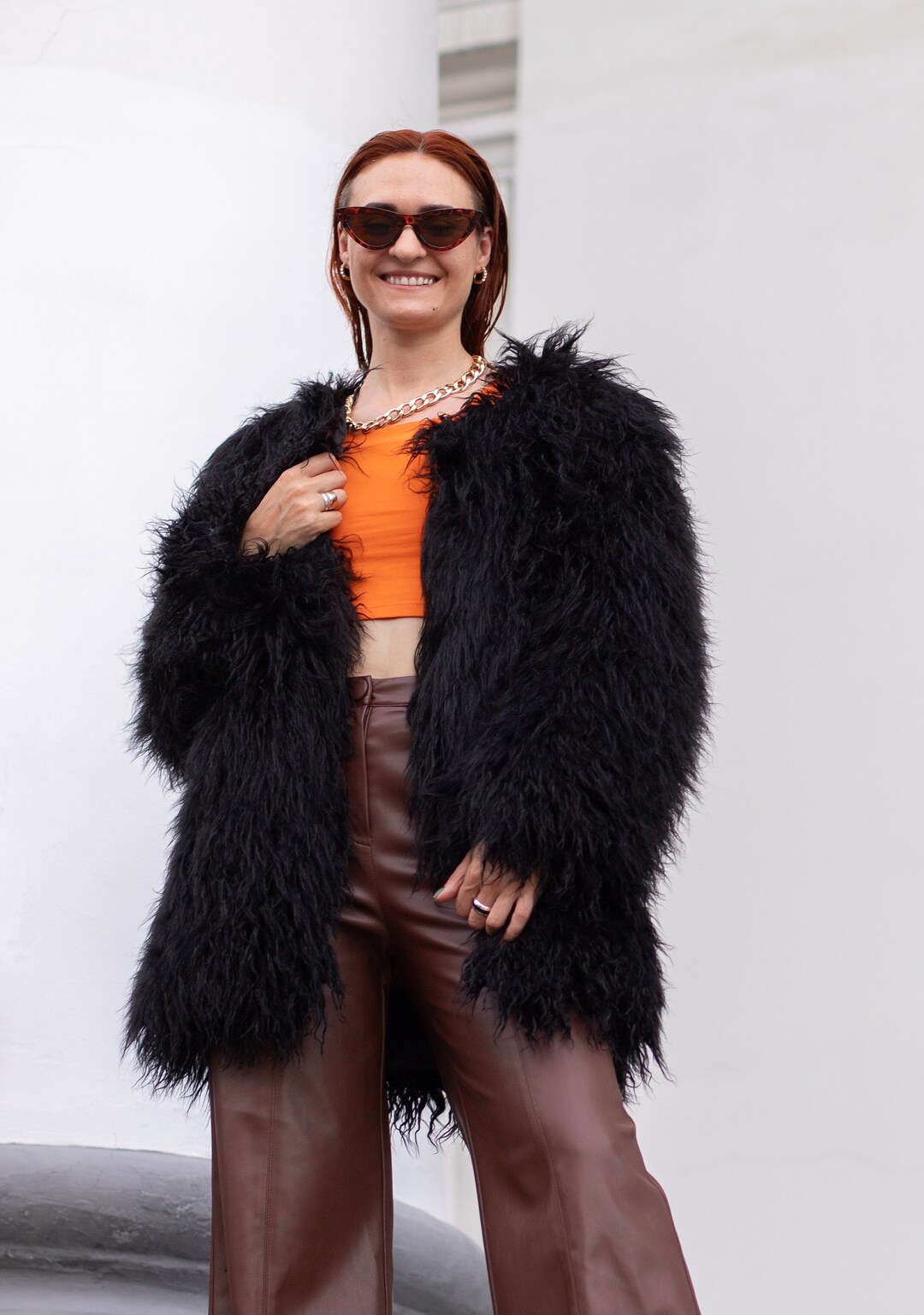 Shaggy Faux Fur Coat, Men's, Women's. Black Color, Mongolian Lama Fur ...