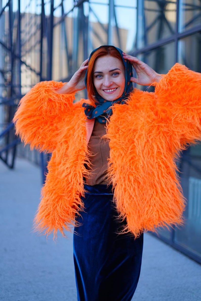 Shaggy Orange Jacket, Vegan Coat, Sweater. Fluffy Mongolian Faux Fur ...
