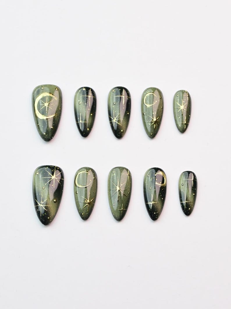 Witchy Celestial Acrylic Nails, Gold Moon Star Fake Nails, Handmade ...