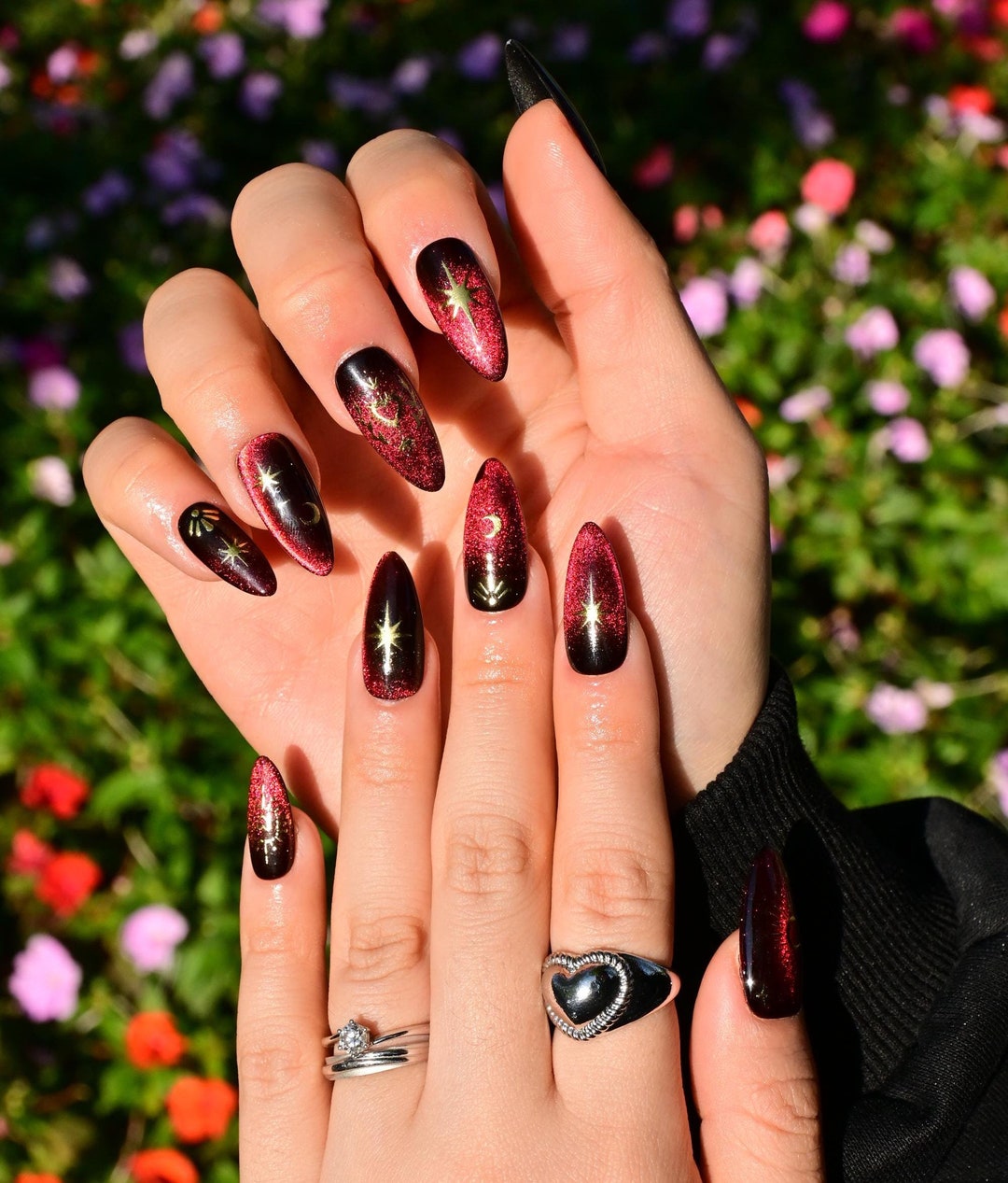 Dark Red Cat Eye Nails/gold Star & Moon Press on Nails/gothic Gel Nails ...