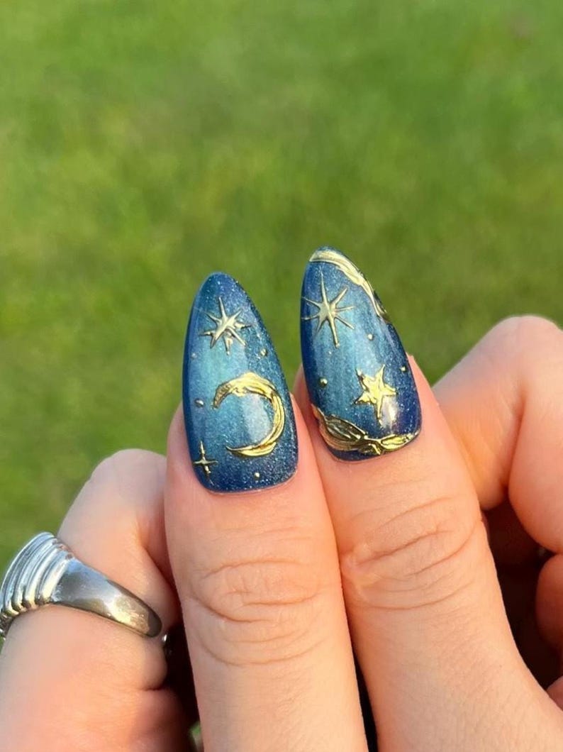 Golden Starry Sky Nails/constellation Nails/divination Gel Nails/blue ...