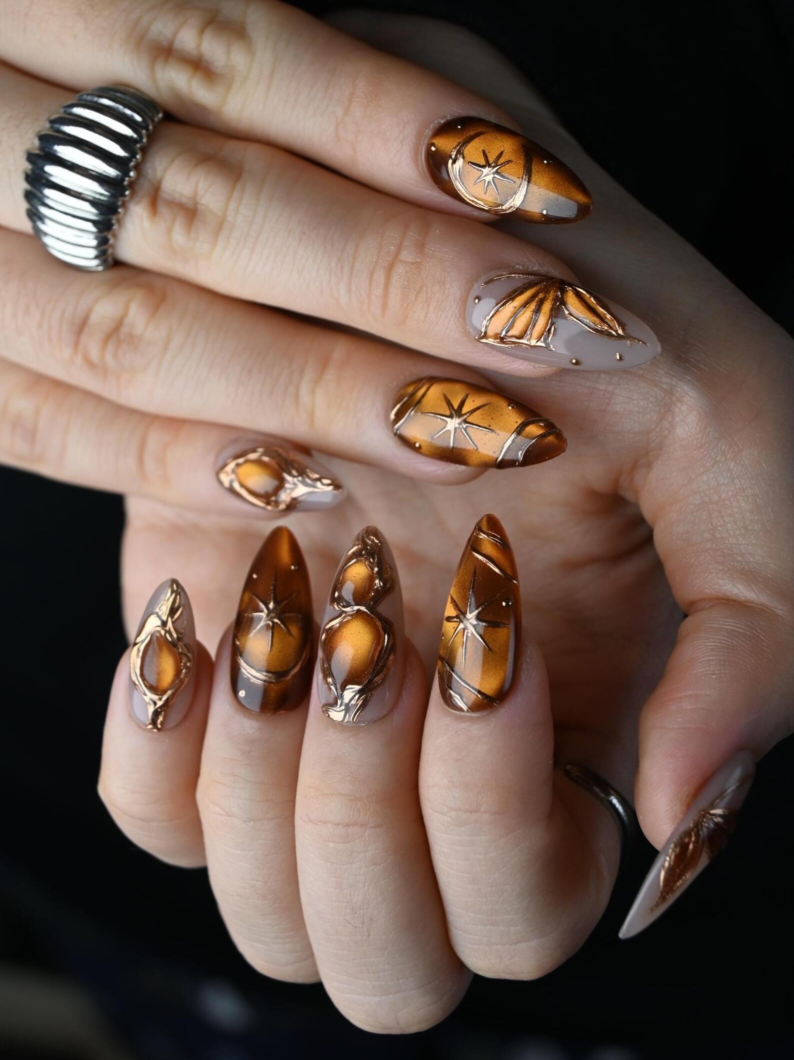 Amber Acrylic Nails | Brown Butterfly Gel Nails | Gold Metallic Nails ...