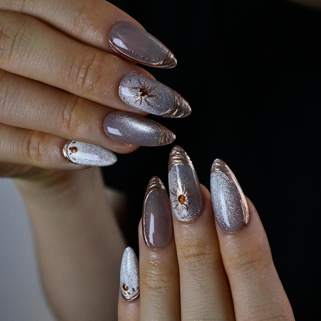 Mystical Starry Night Nails/bronze Gold Sun Nails/star Press Ons/silver ...