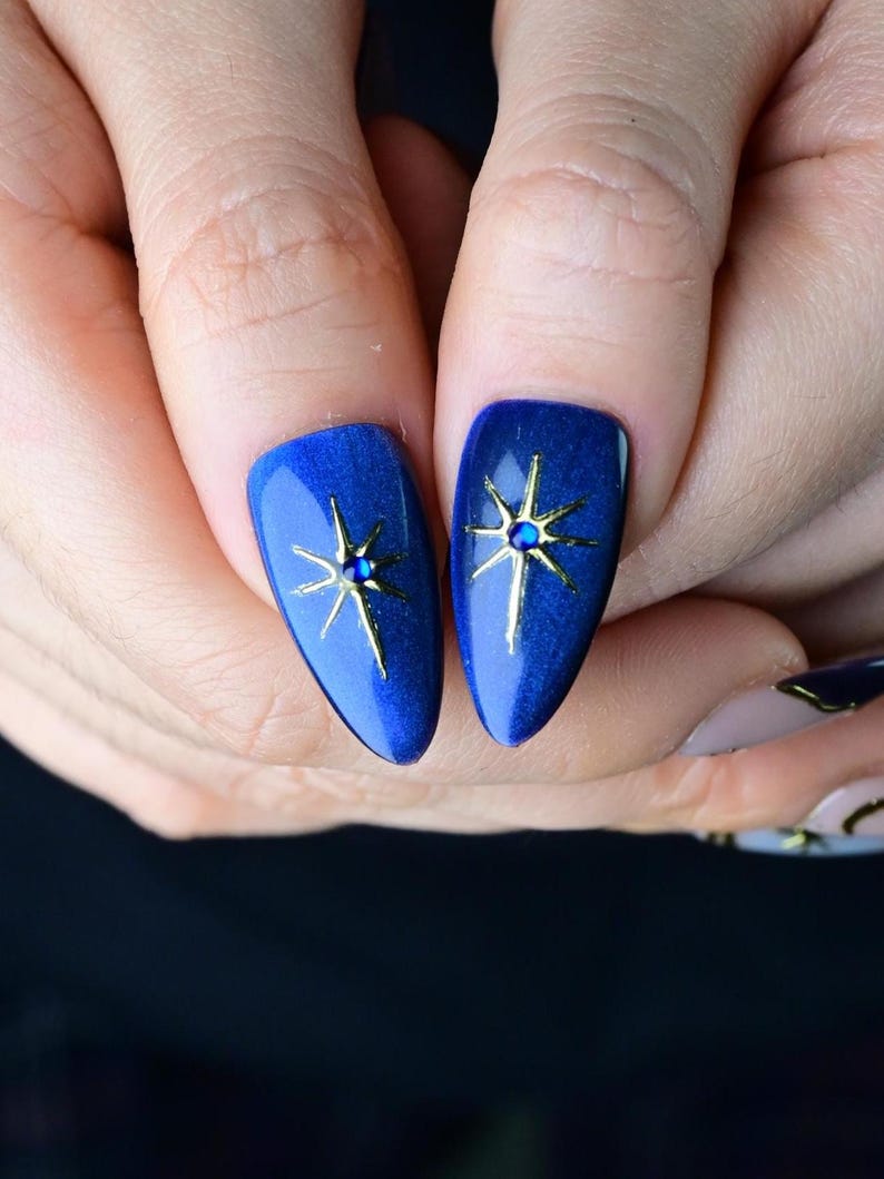 Celestial Acrylic Nails, Navy Blue Moon and Star Nails, Astrology Nail ...