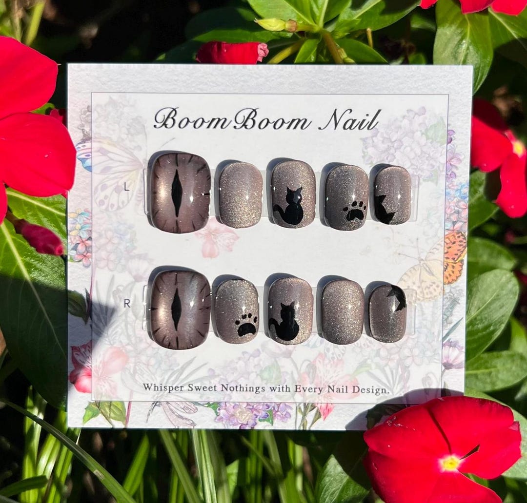 Black Kitty Nails/cat Press Ons/cute Gel Nails/cat Paw Fake Nails/pink ...